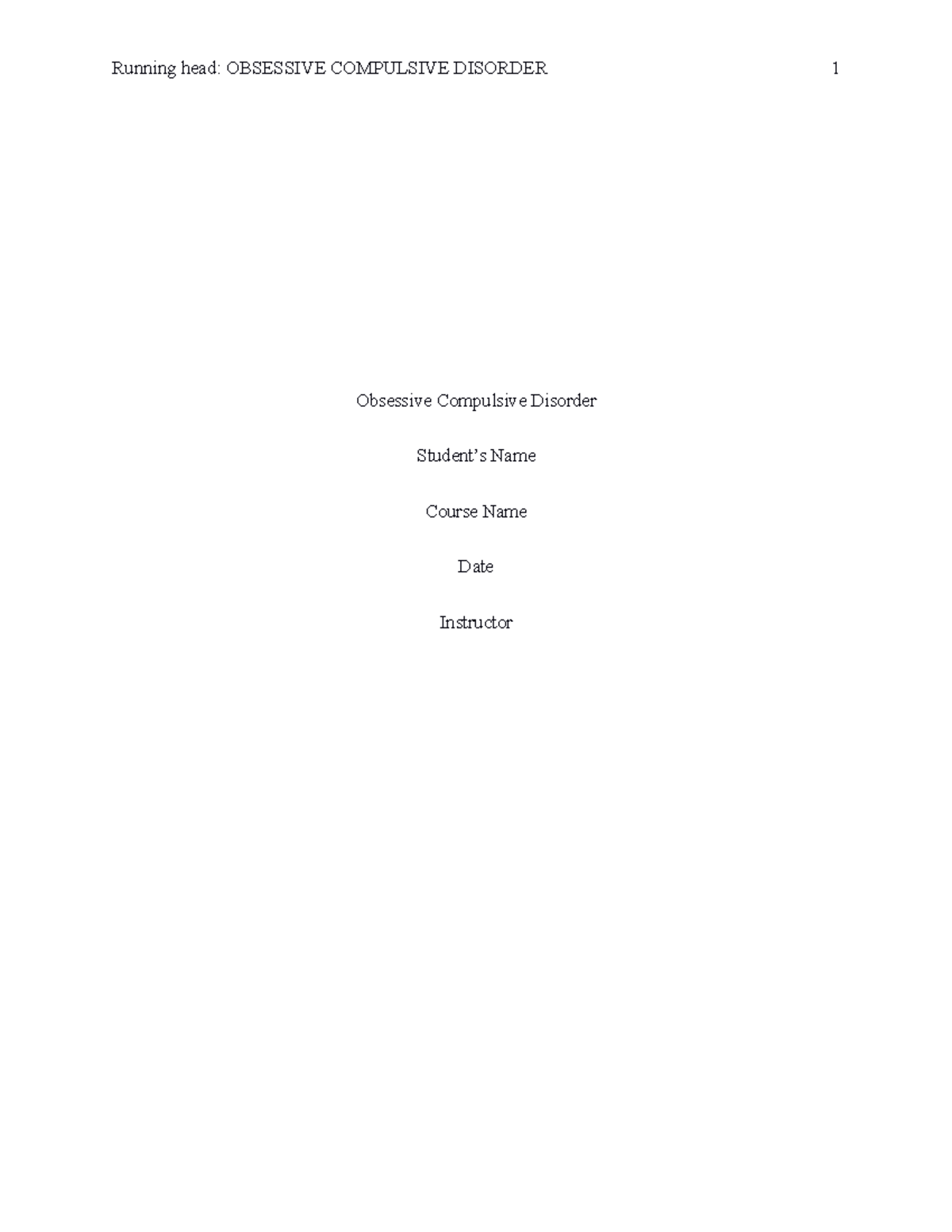 Obsessive Compulsive Disorder - Running head: OBSESSIVE COMPULSIVE ...