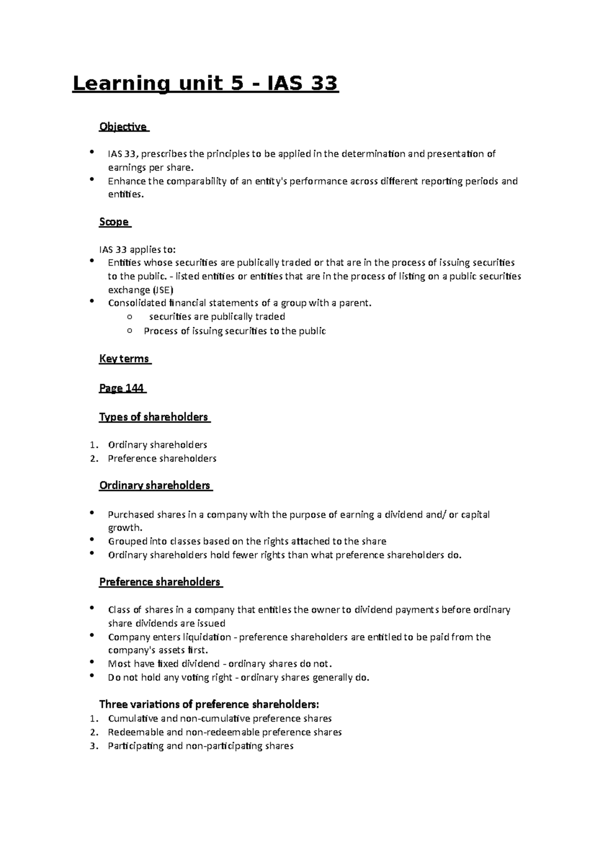 Learning unit 5 - LU5 - Learning unit 5 - IAS 33 Objective IAS 33 ...