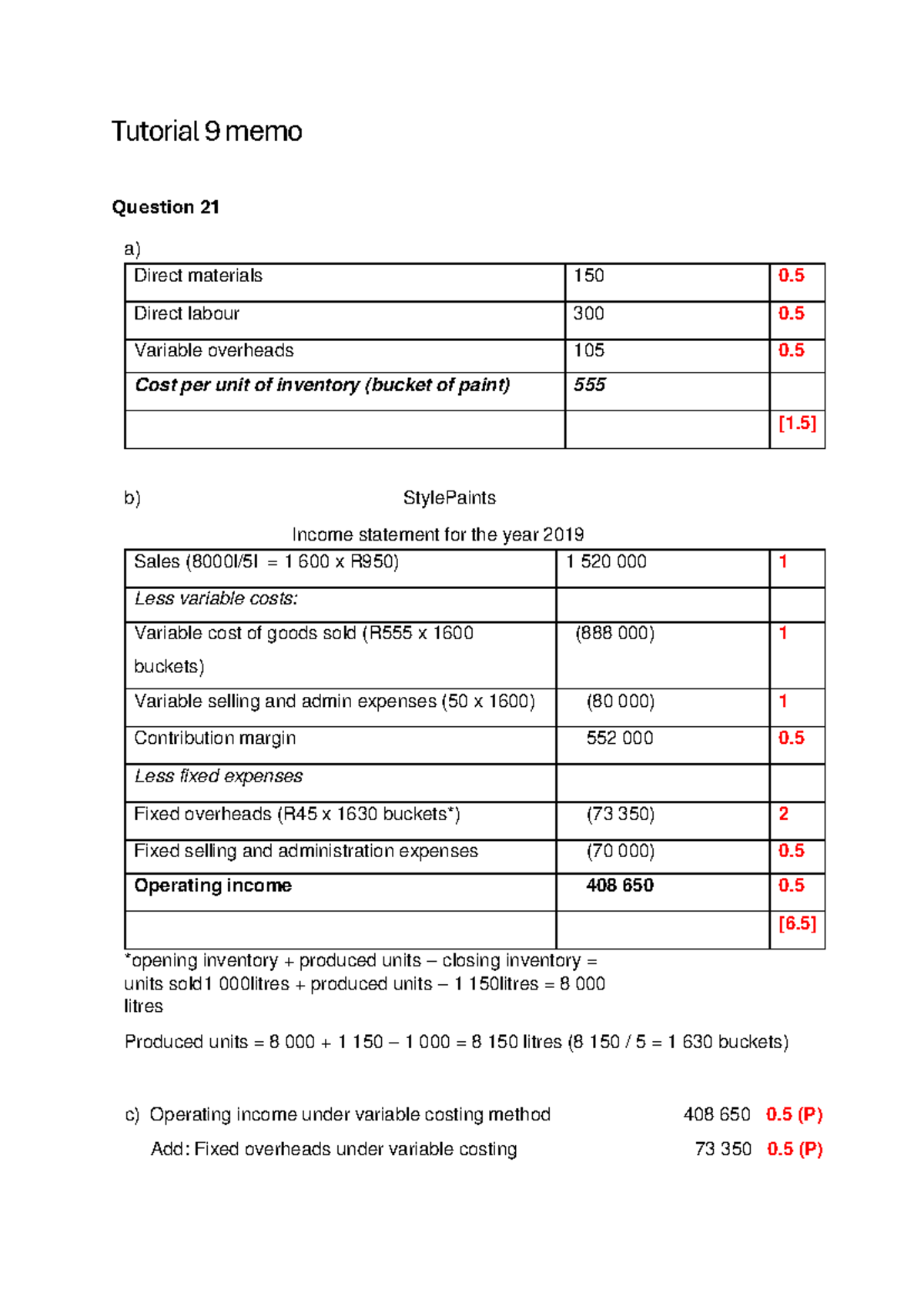 Tutorial 9 - Memo - Tutorial 9 memo Question 21 a) Direct materials 150 0. Direct labour 300 0 ...