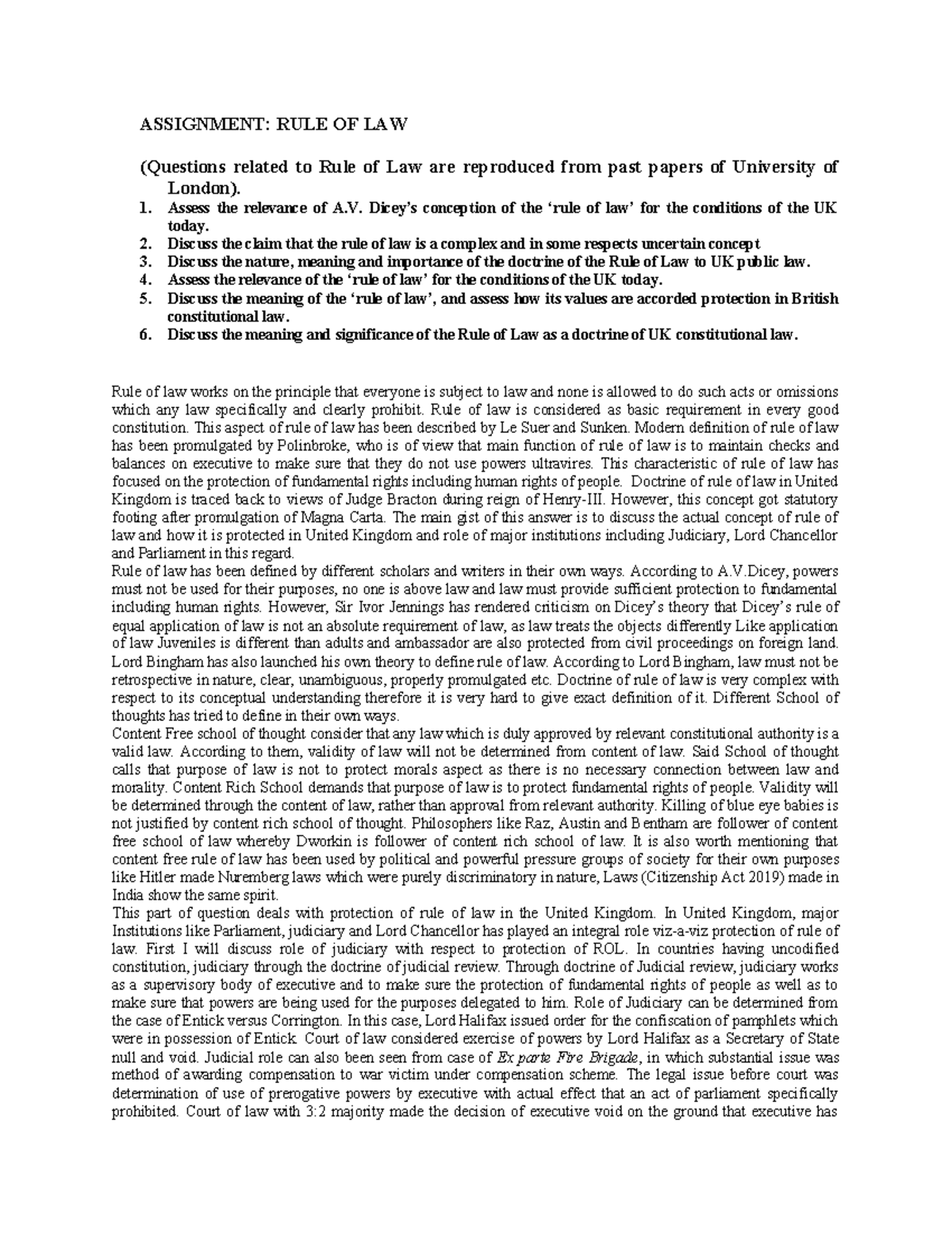 Rule of law sample answer/structure - ASSIGNMENT: RULE OF LAW ...