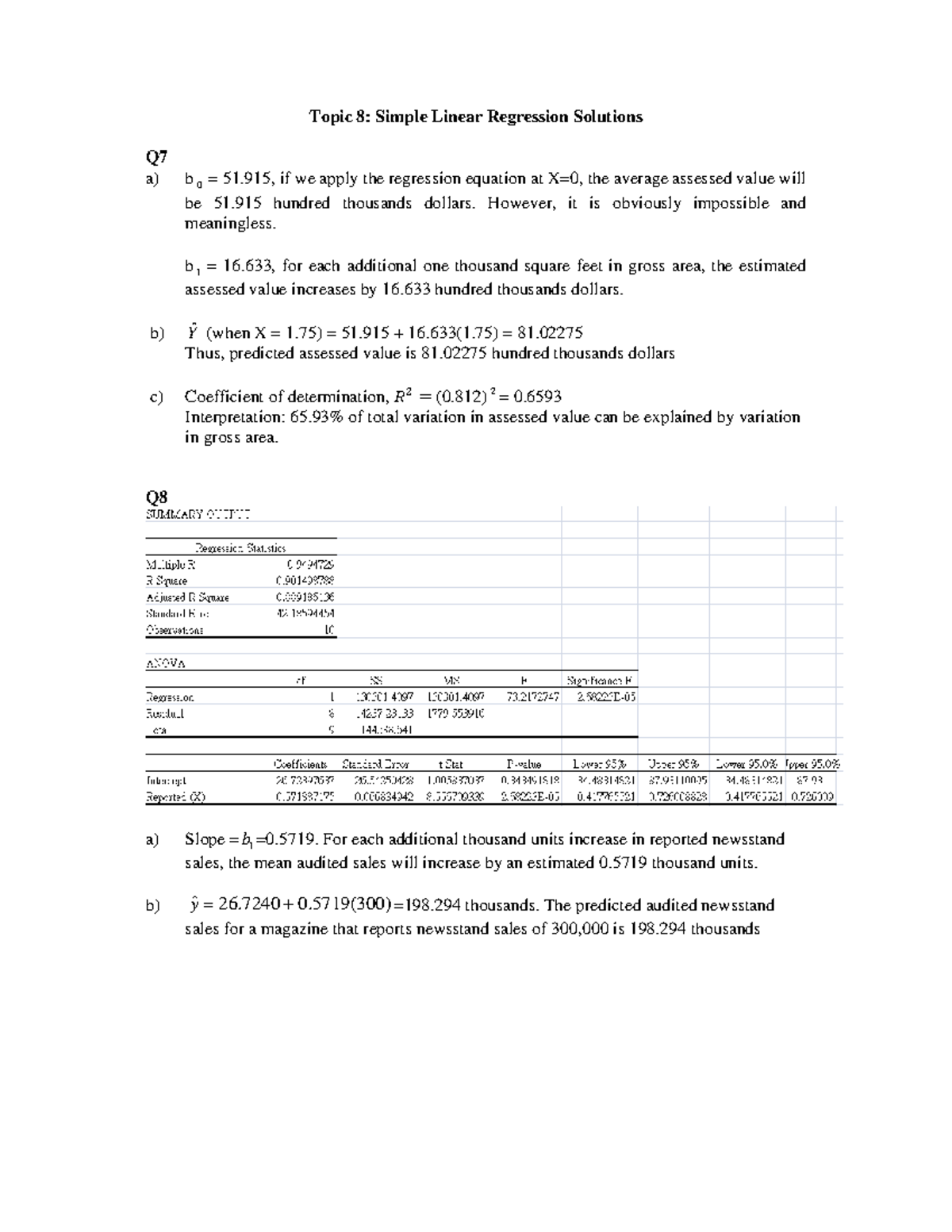 CB2200 Business Statistics Topic 8 Solutions (Q7-Q16) - Topic 8: Simple ...