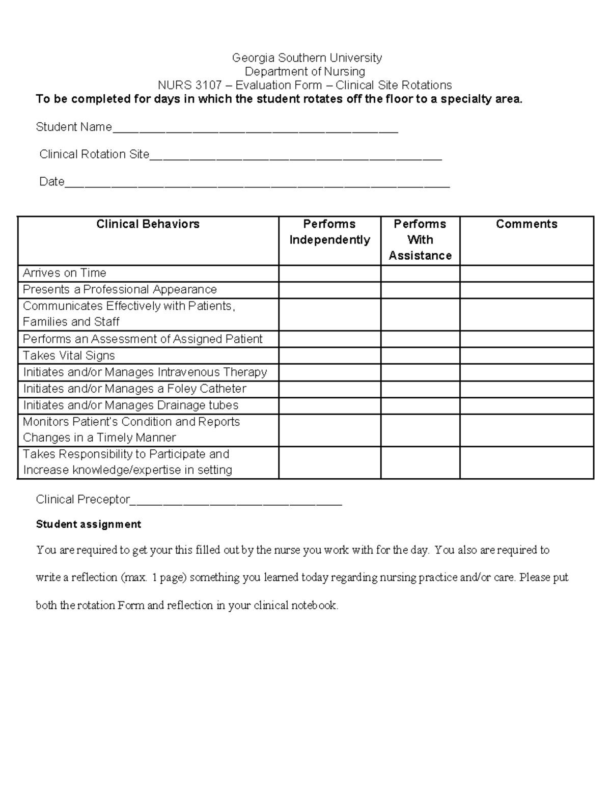 NURS 3107 Rotation form - Georgia Southern University Department of ...