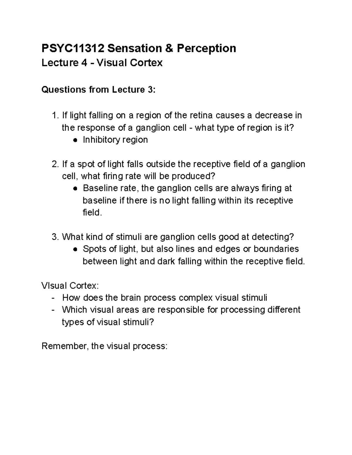 Sensation And Perception Lecture 4 Psyc11312 Sensation And Perception Lecture 4 Visual Cortex