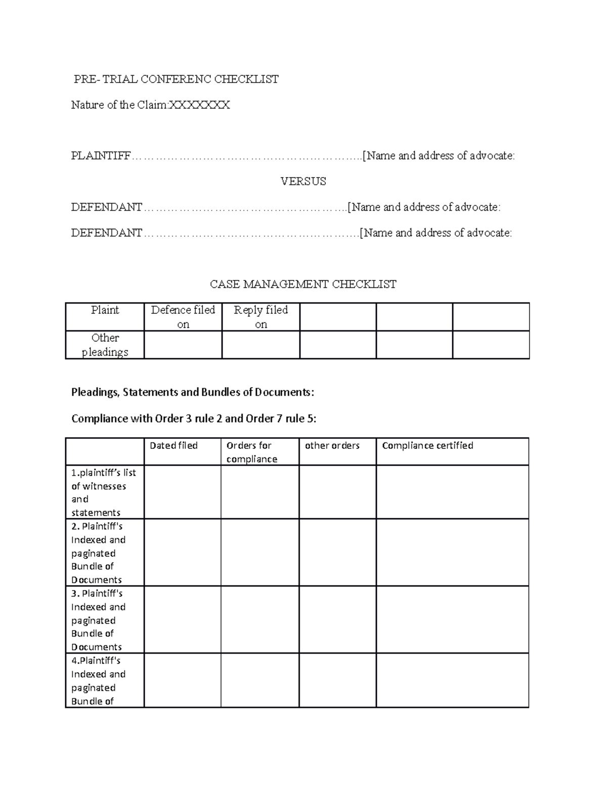 Pre-trial Conference Checklist - PRE- TRIAL CONFERENC CHECKLIST Nature ...