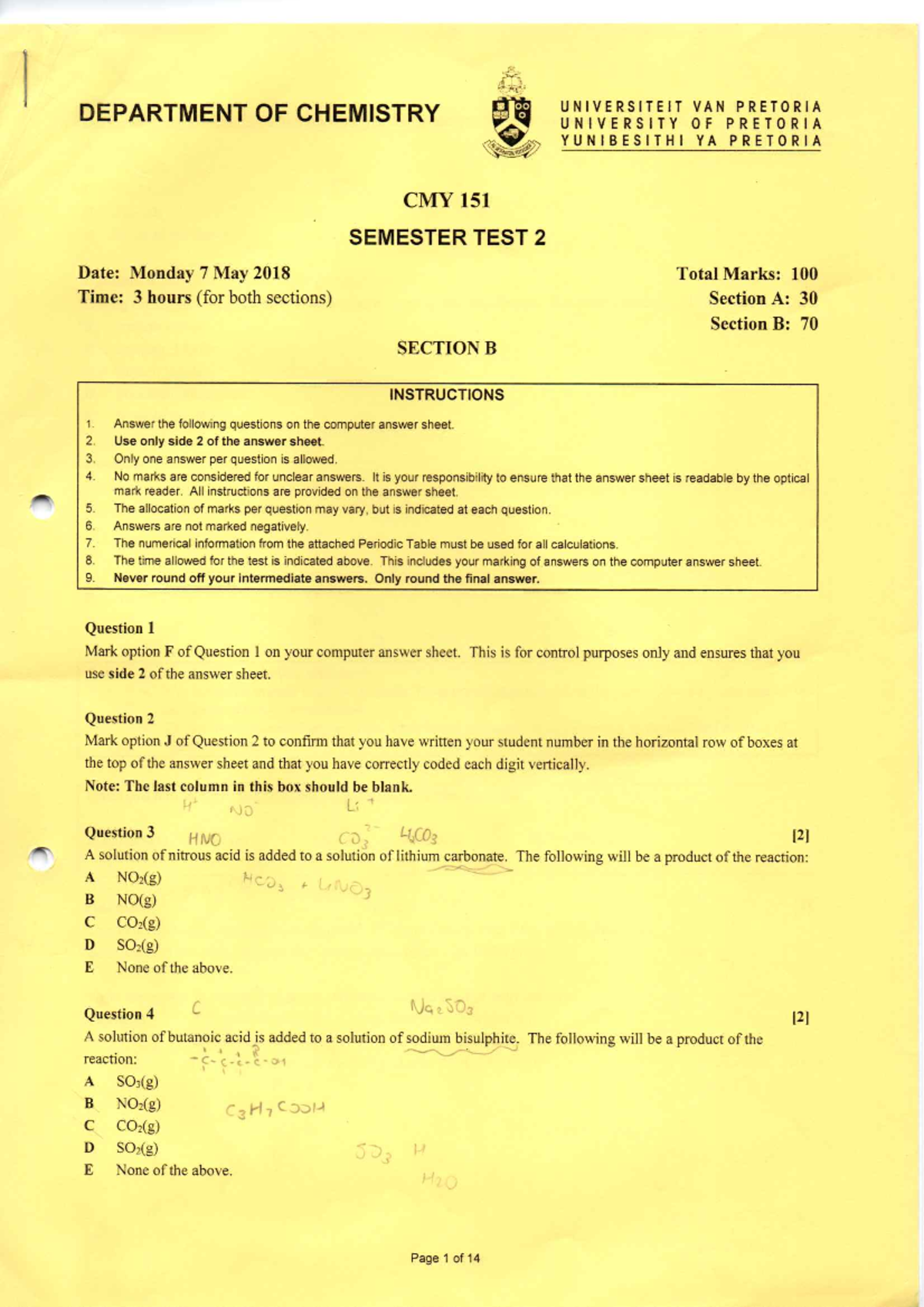 2018 CMY Semester TEST 2 - CMY 151 - Studocu