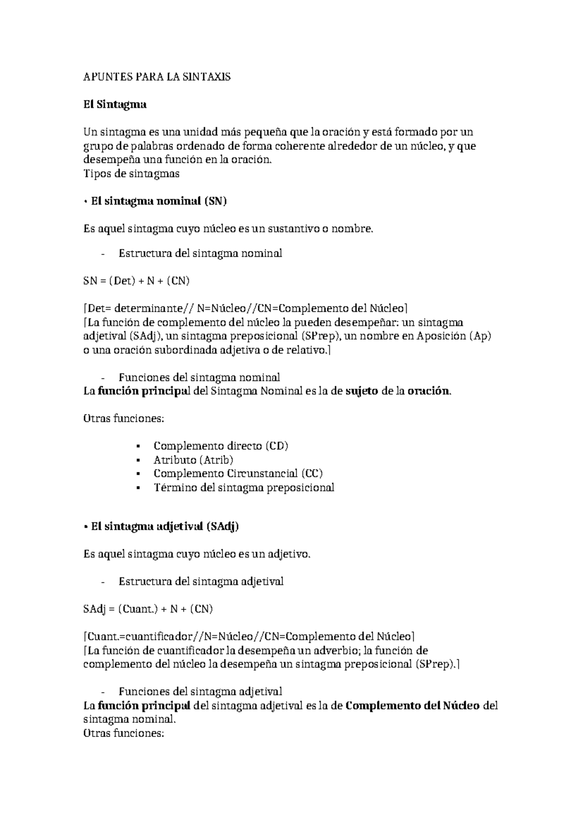 Apuntes para la Sintaxis - APUNTES PARA LA SINTAXIS El Sintagma Un ...