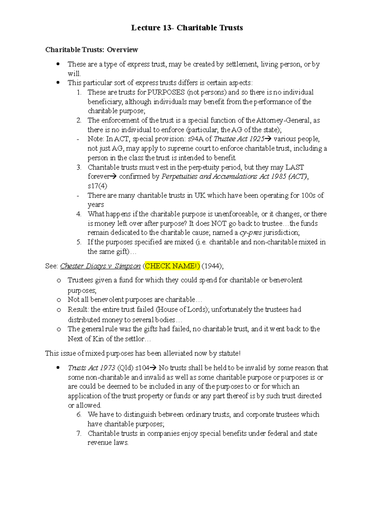 Lecture 13- Charitable Trusts - Charitable Trusts: Overview These are a ...