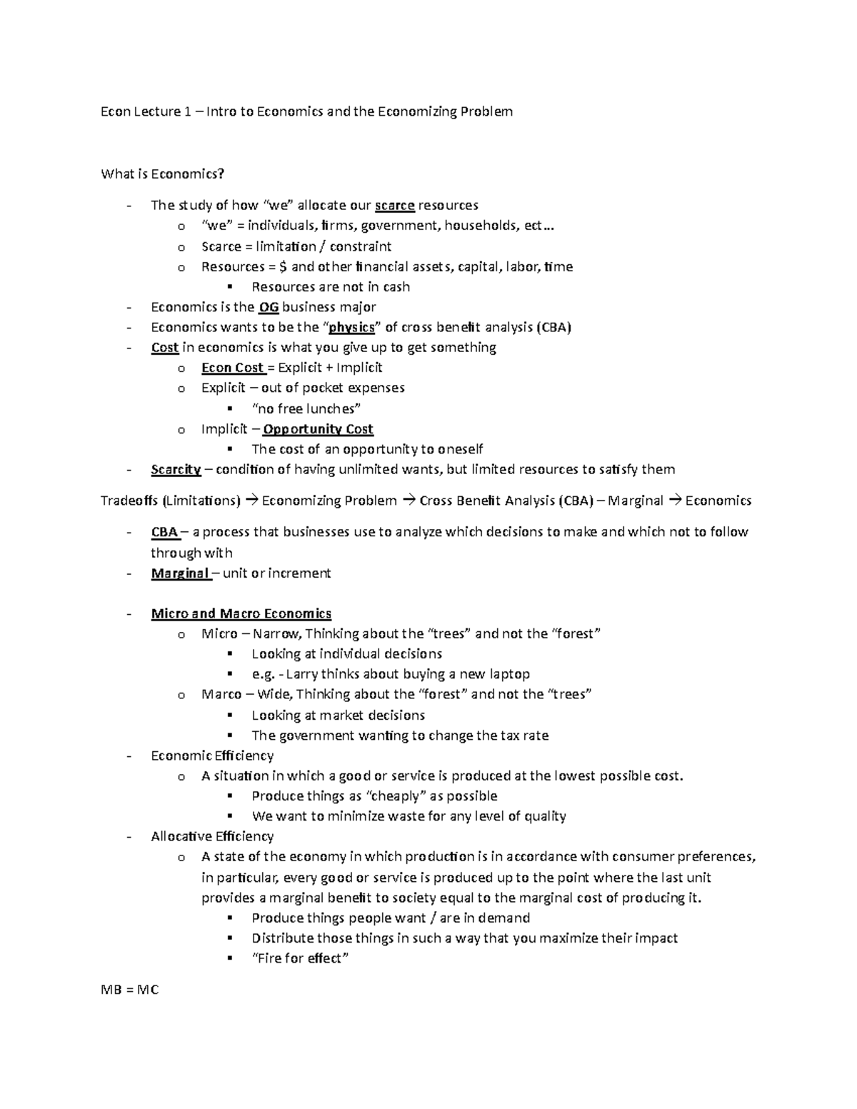 Econ LEC Notes - Econ Lecture 1 – Intro to Economics and the ...