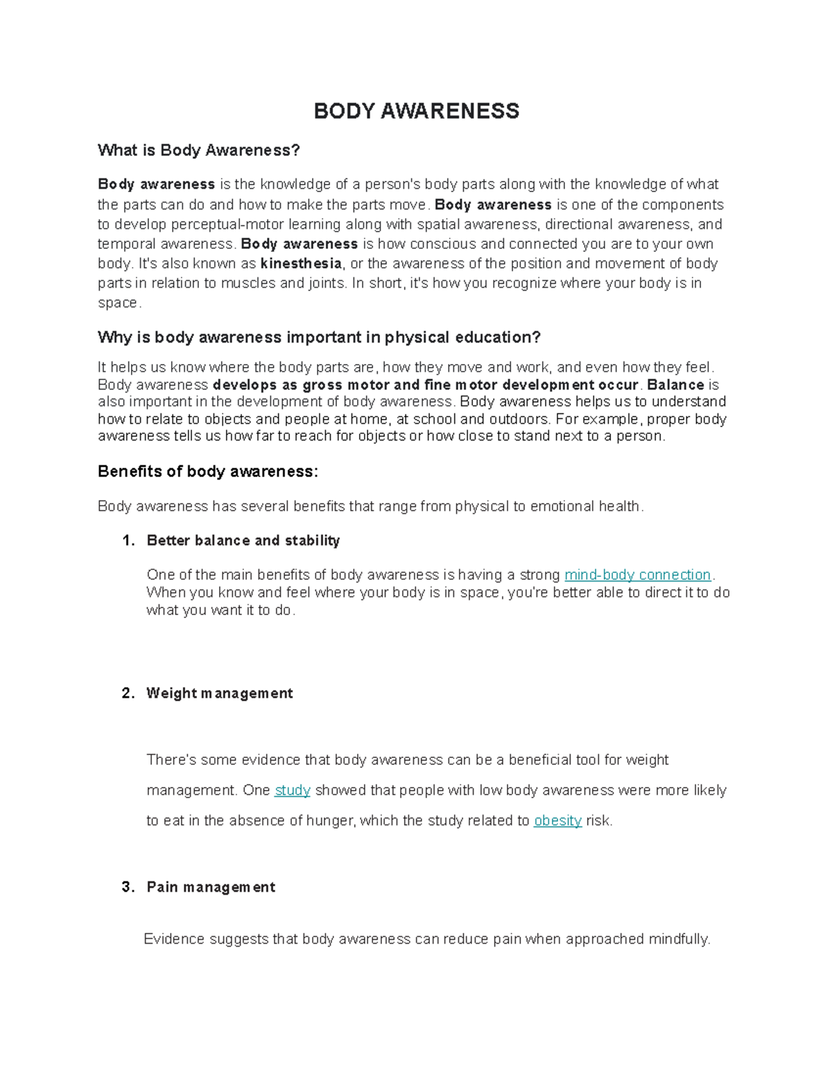 BODY- Awareness - Hdufbc - BODY AWARENESS What is Body Awareness? Body ...