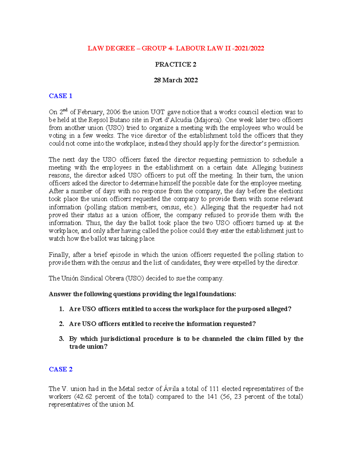 Task 2 - Practica en ingles derecho del trabajo ii - LAW DEGREE – GROUP ...