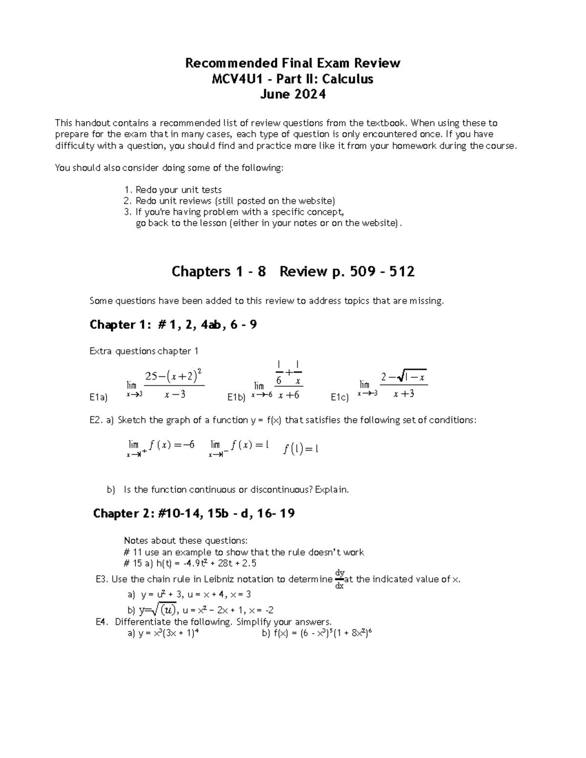 Final Calculus Review 2024 - Recommended Final Exam Review MCV4U1 - Part II: Calculus June 202 4 ...