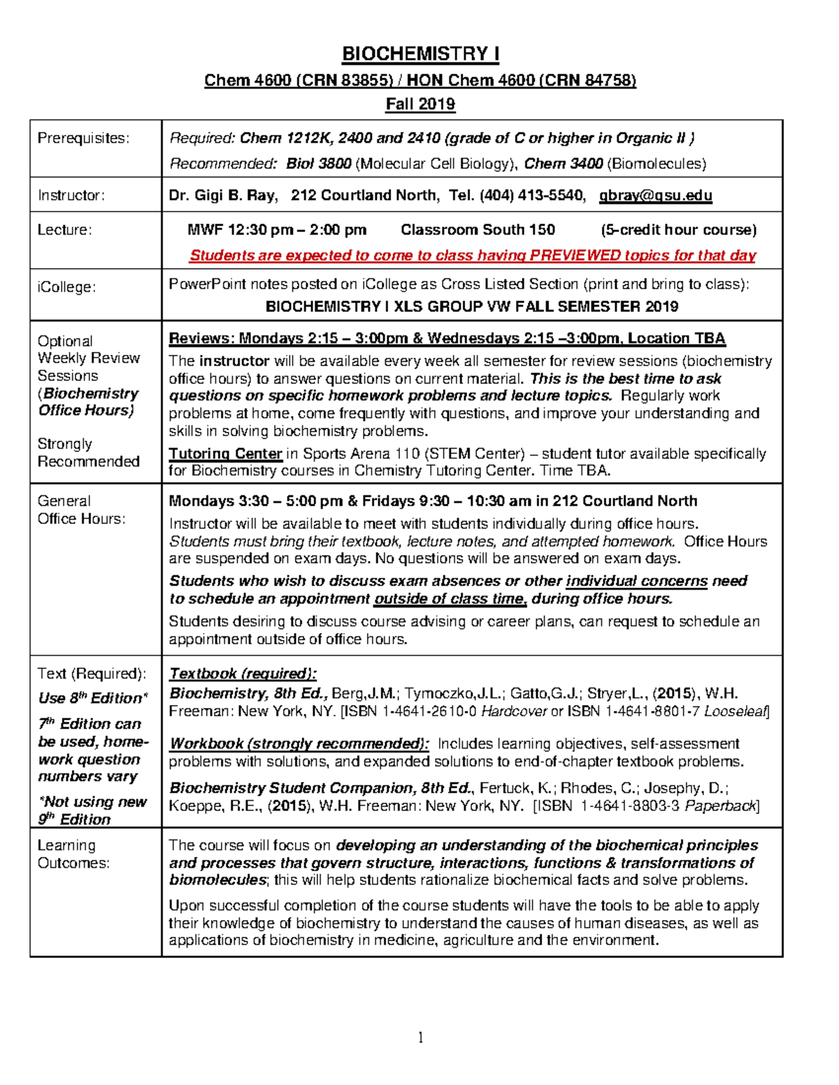 Biochemistry 4600 Syllabus Fall2019 GBRay - BIOCHEMISTRY I Chem 4600 ...