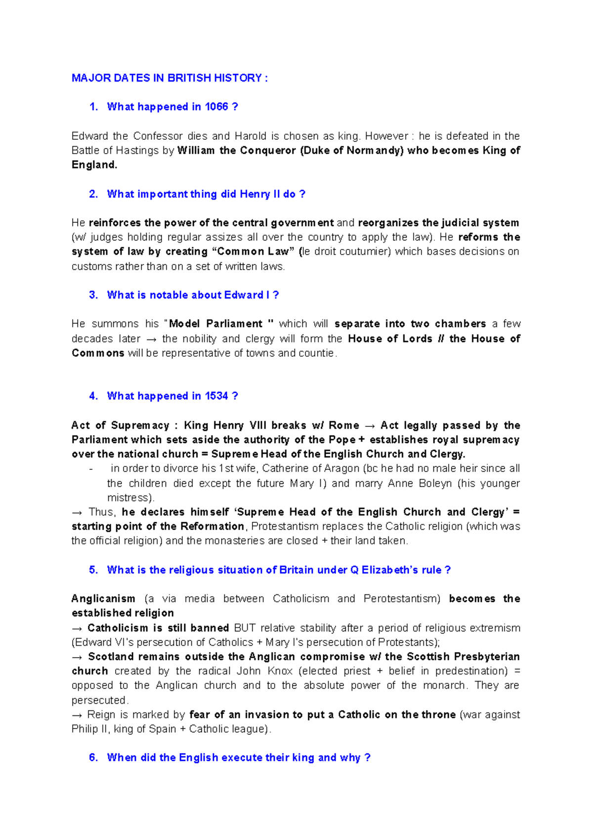 Fiche dates importantes histoire Angleterre - MAJOR DATES IN BRITISH ...