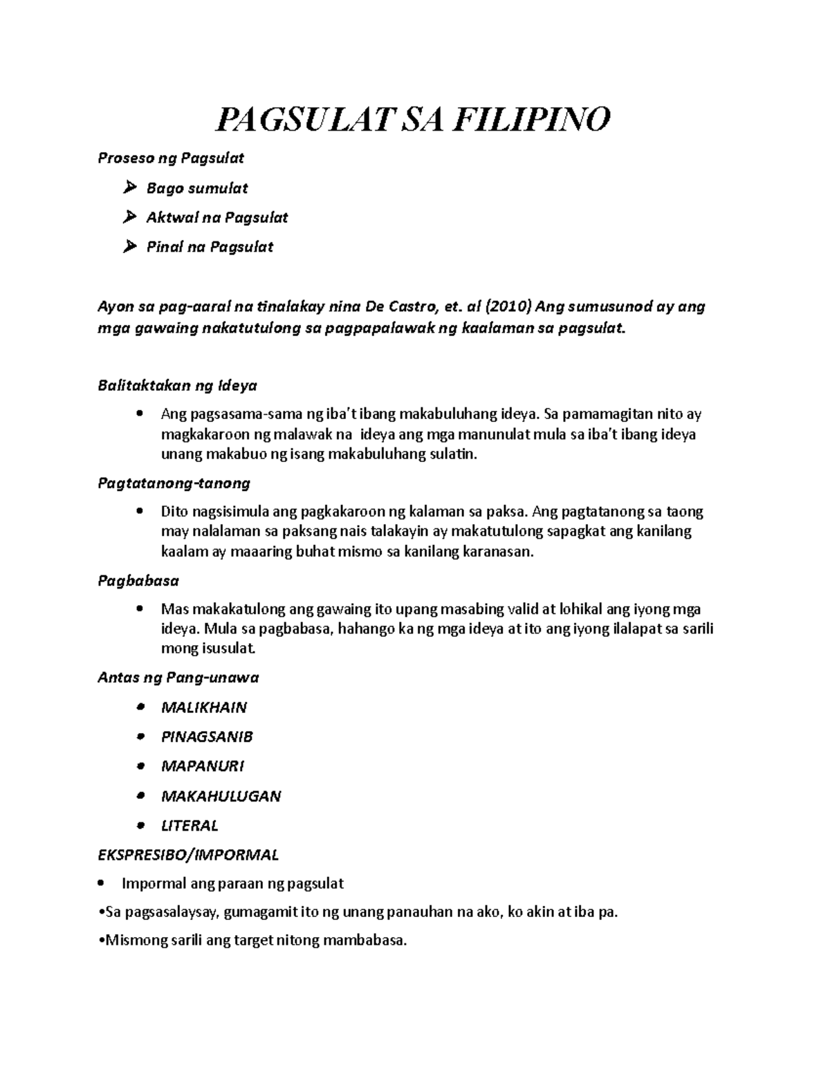 Pagsulat-SA- Filipino - PAGSULAT SA FILIPINO Proseso ng Pagsulat Bago ...