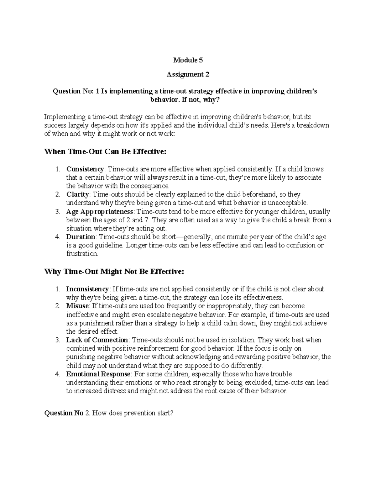 Assignments aiou - Question No: 1 Is implementing a time-out strategy ...