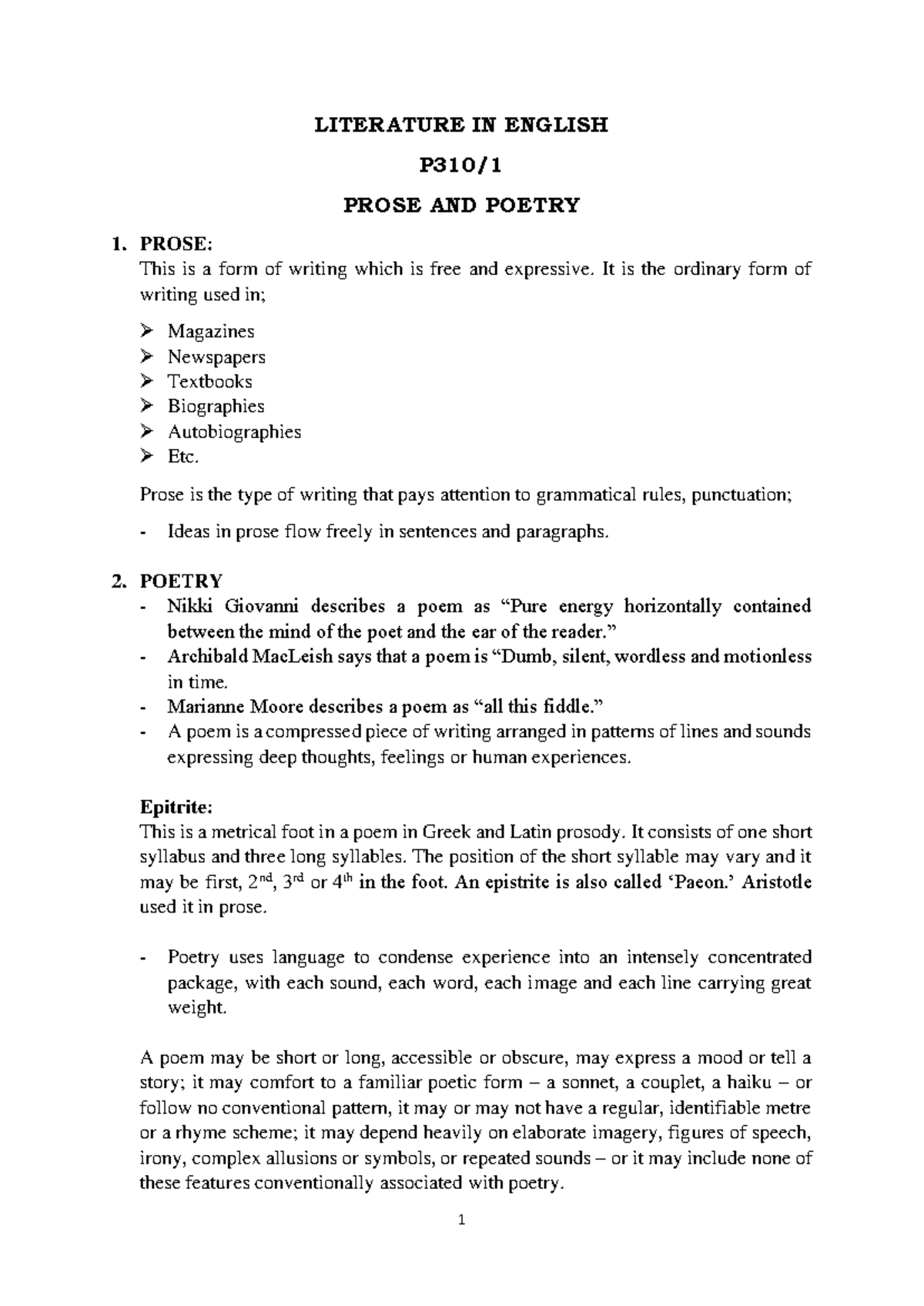 S.5 LIT Paper 1 - LITERATURE IN ENGLISH P310/ PROSE AND POETRY 1. PROSE ...