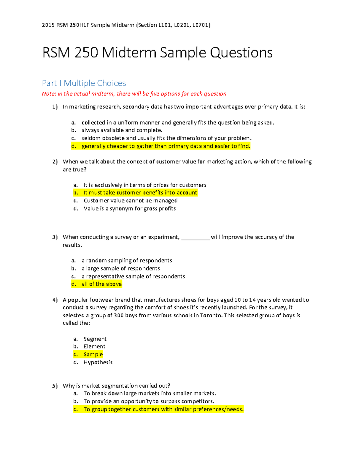 RSM 250 2019 Fall Sample Midterm Suggested Answers Z - Warning: TT: undefined function: 32 ...