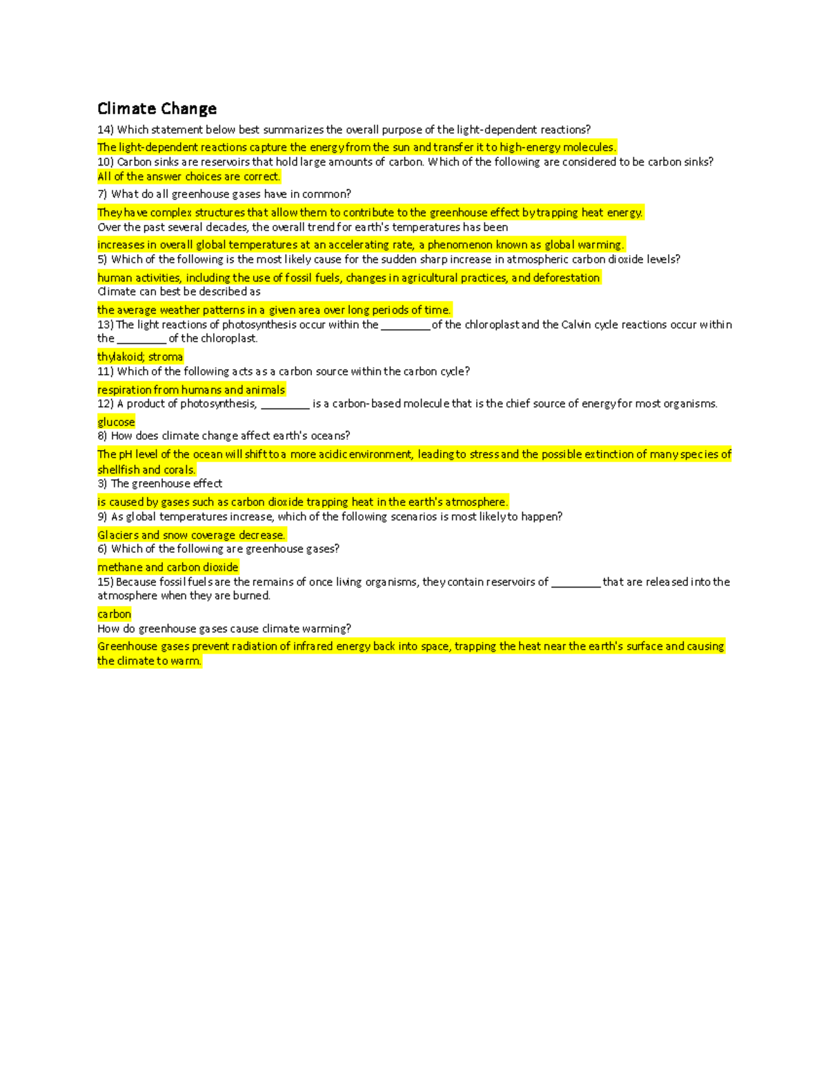 Climate change material - Climate Change Which statement below best ...