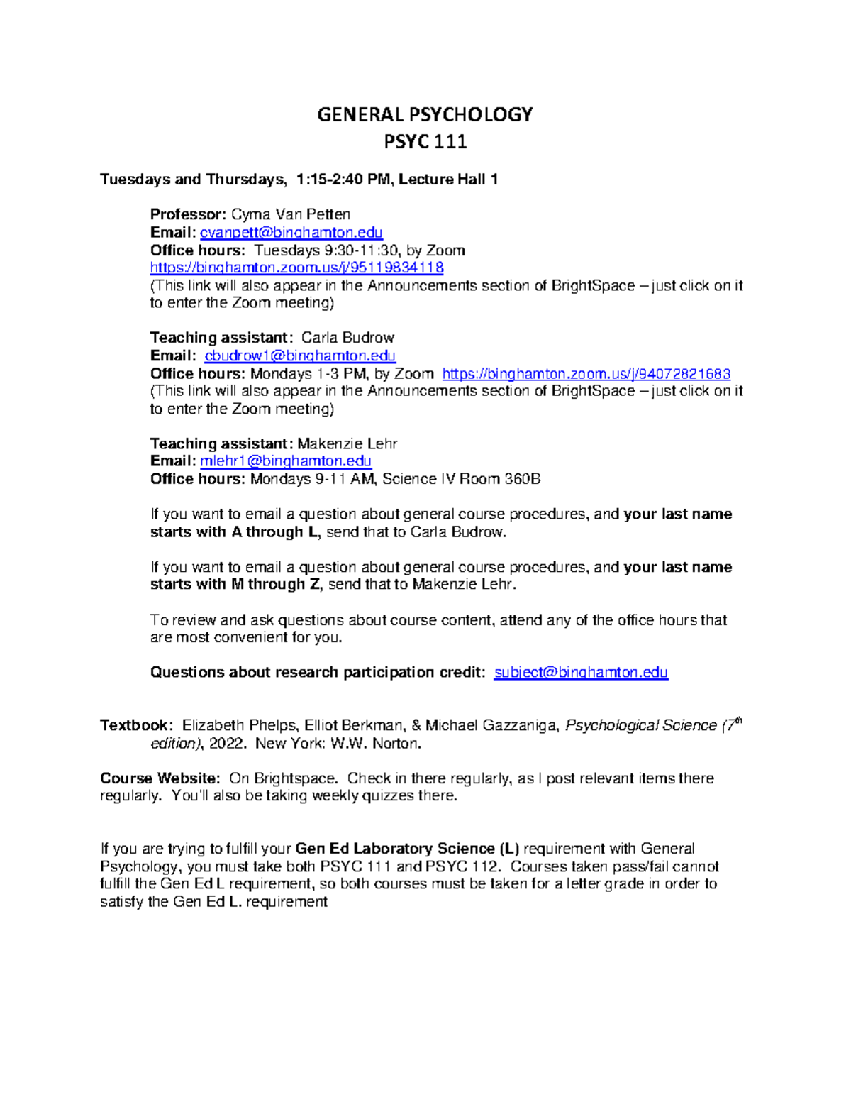 Vanpetten Syllabus Psych111 - GENERAL PSYCHOLOGY PSYC 111 Tuesdays and ...