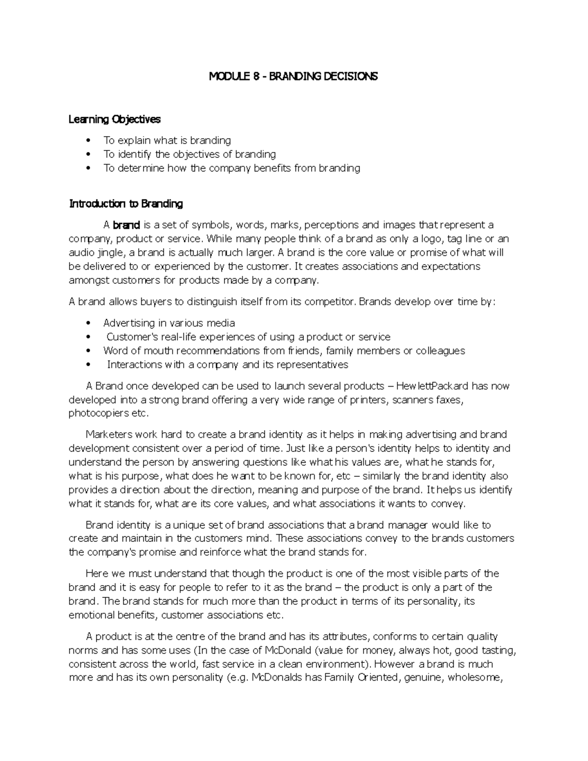 Module 8 -Branding Decisions - MODULE 8 - BRANDING DECISIONS Learning ...