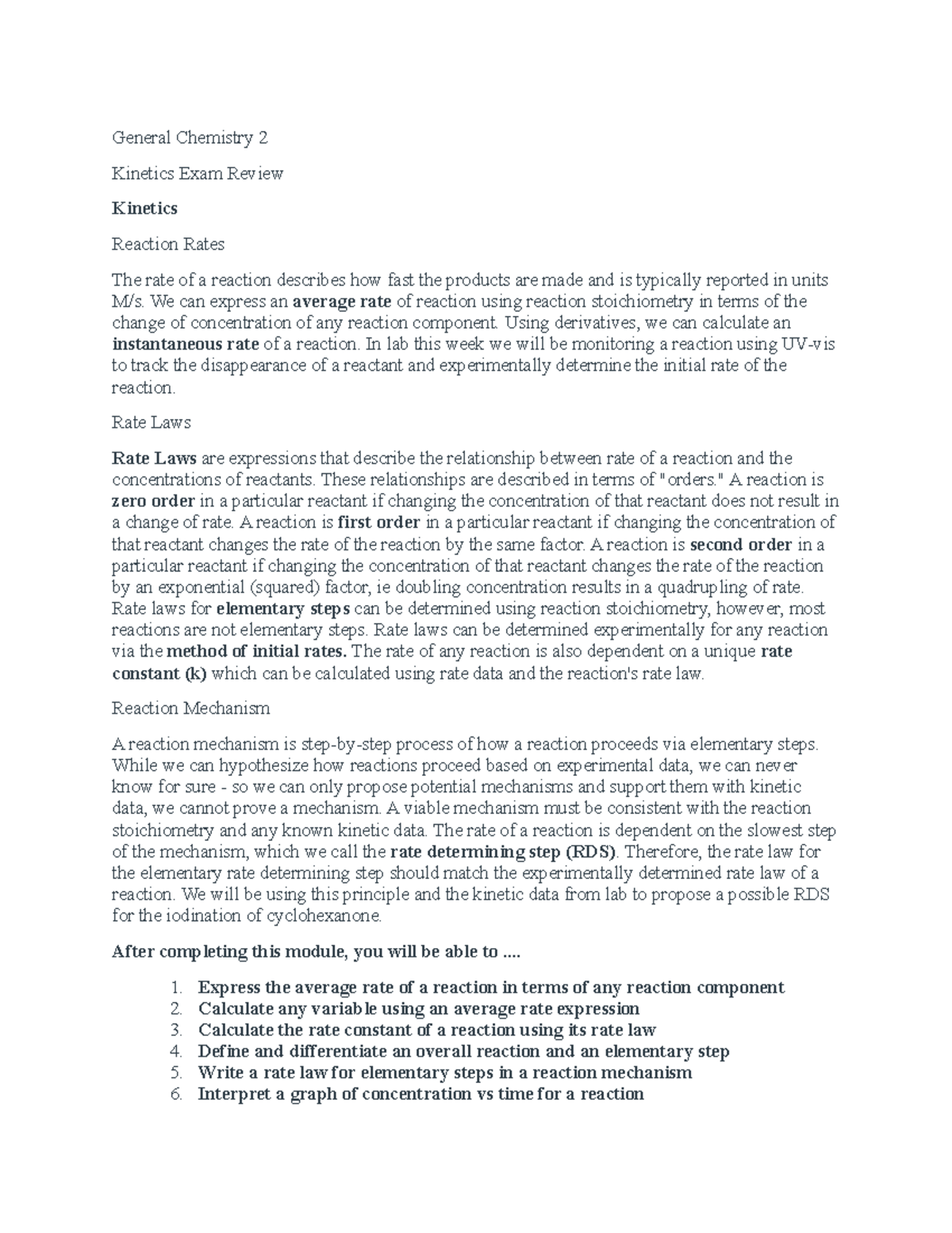 Gen Chem 2 Kinetics Exam Review - General Chemistry 2 Kinetics Exam ...