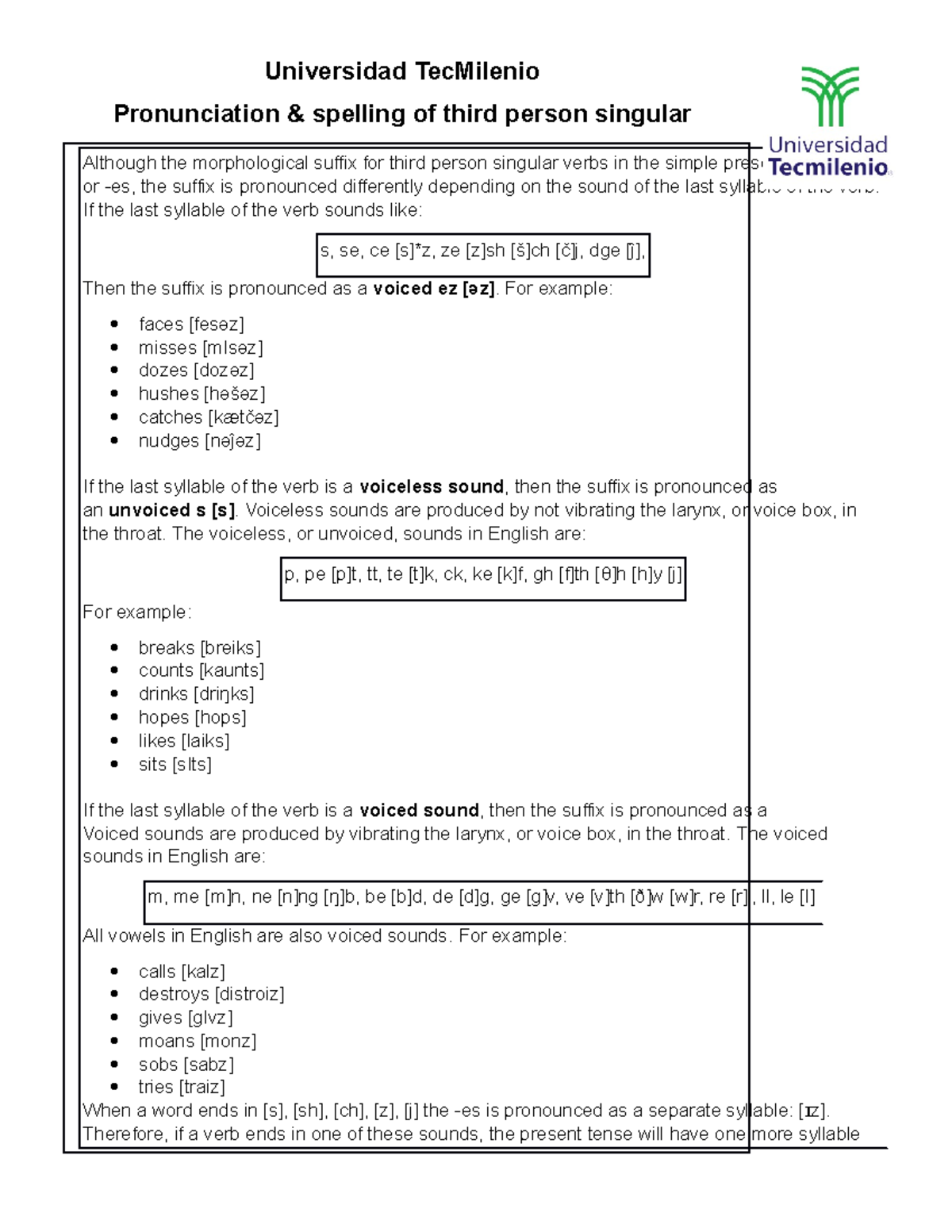 Pronunciation & spelling of third person singular - Universidad ...