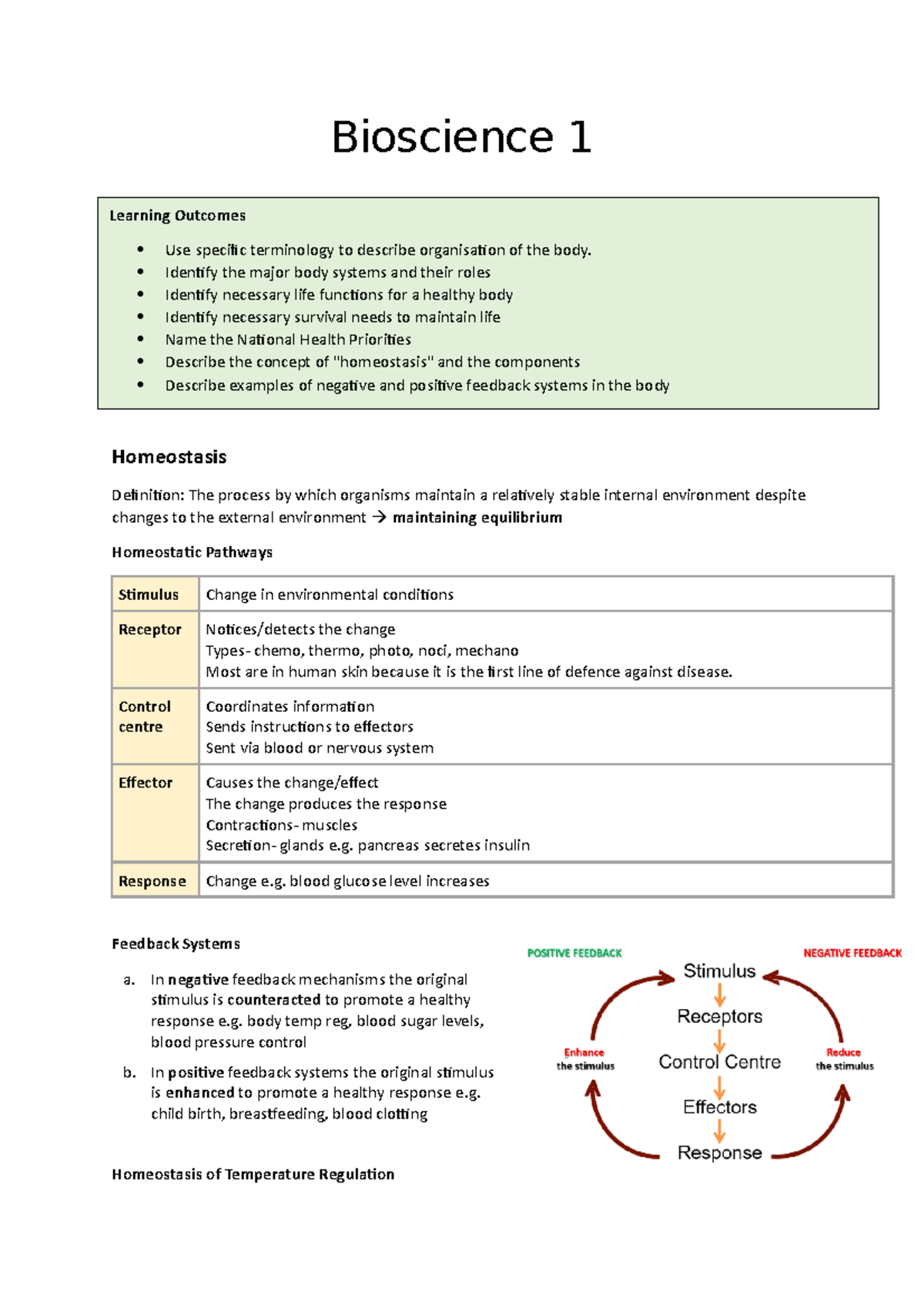 Bioscience 1 notes - Bioscience 1 Homeostasis Definition: The process ...