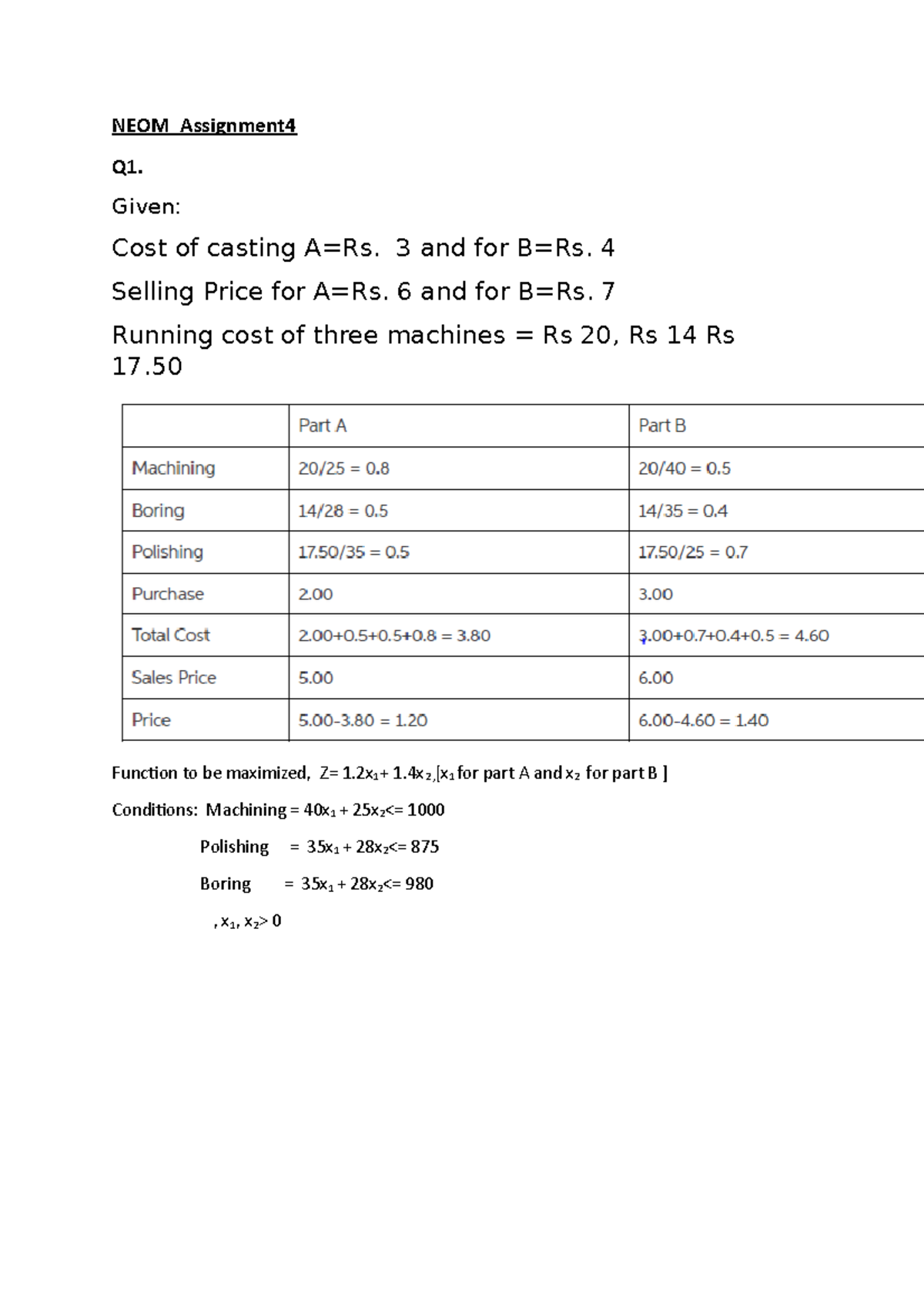 NEOM 4 experiment number 4 - NEOM Assignment Q1. Given: Cost of casting A=Rs. 3 and for B=Rs. 4 ...