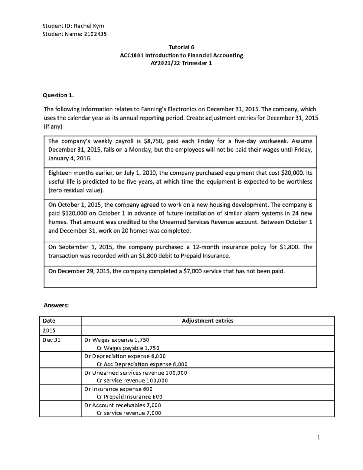 Tutorial 6 Worksheet Week 6 - ACC1001 Introduction to Financial ...