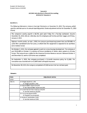 Tutorial 10 Worksheet Answers - Student Name: Tutorial 10 ACC1001 ...