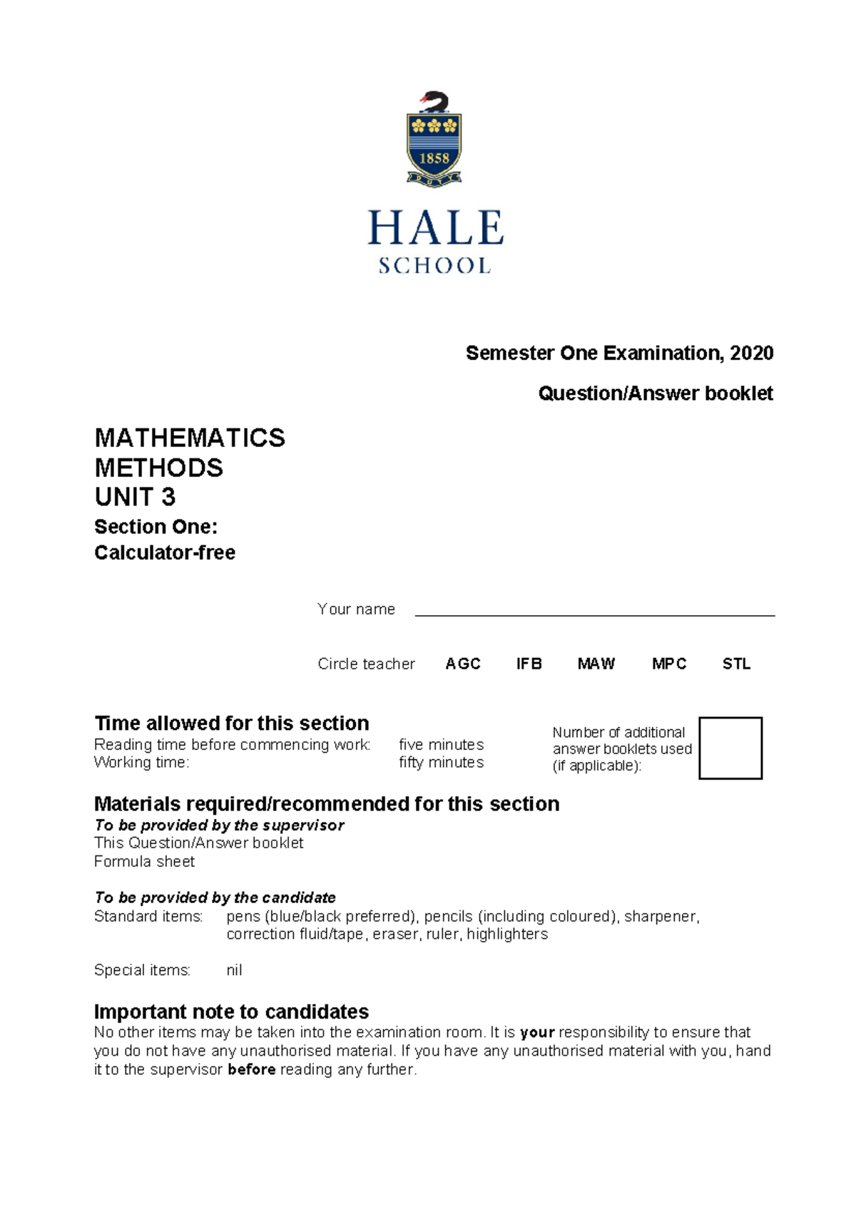 WAEP 2020 YR12 METH U3 S1 - Semester One Examination, 2020 Question ...