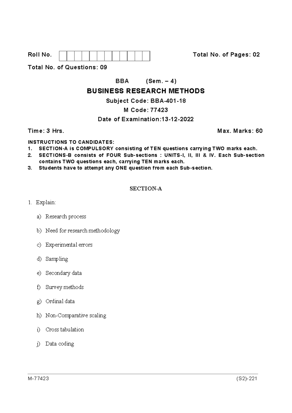 Bba 4 sem business research methods 77423 dec 2022 - M-77423 (S2)- Roll ...