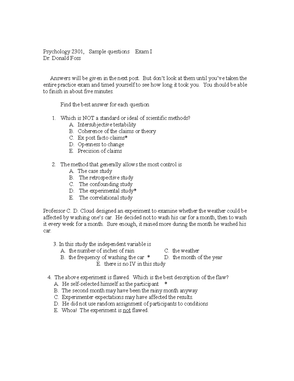 S23Sample questions exam 1 - Psychology 2301, Sample questions Exam I ...