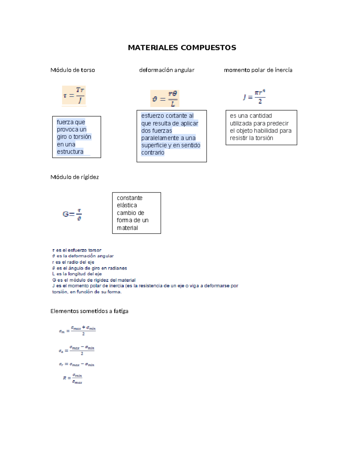 Formulas Materiales FULL - MATERIALES COMPUESTOS Módulo de torso deformación angular momento ...