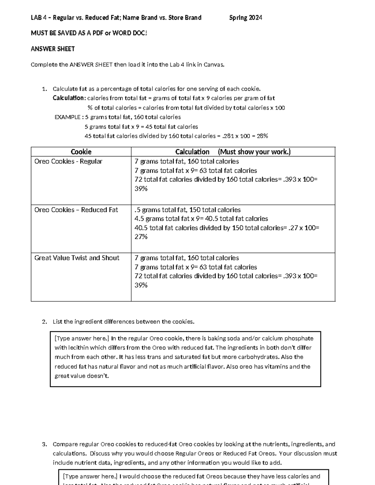 Lab 4 Regular vs Reduced Fat Spring 2024 answer sheet - LAB 4 – Regular ...