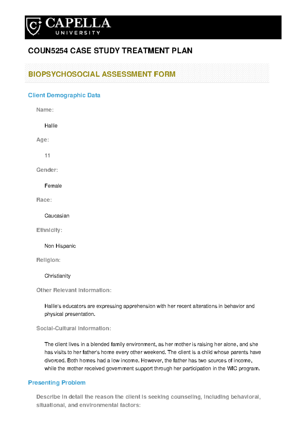 COUN5254 Case Study Treatment Plan 1 - COUN5254 CASE STUDY TREATMENT ...