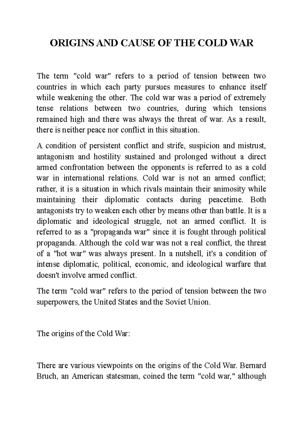 Origins AND Cause OF THE COLD WAR - ORIGINS AND CAUSE OF THE COLD WAR ...