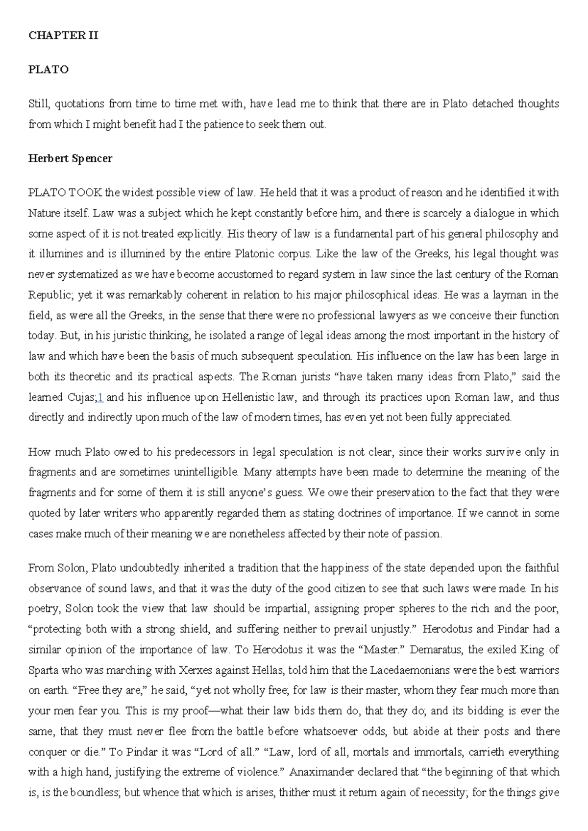 Chapter II Plato - CHAPTER II PLATO Still, quotations from time to time ...