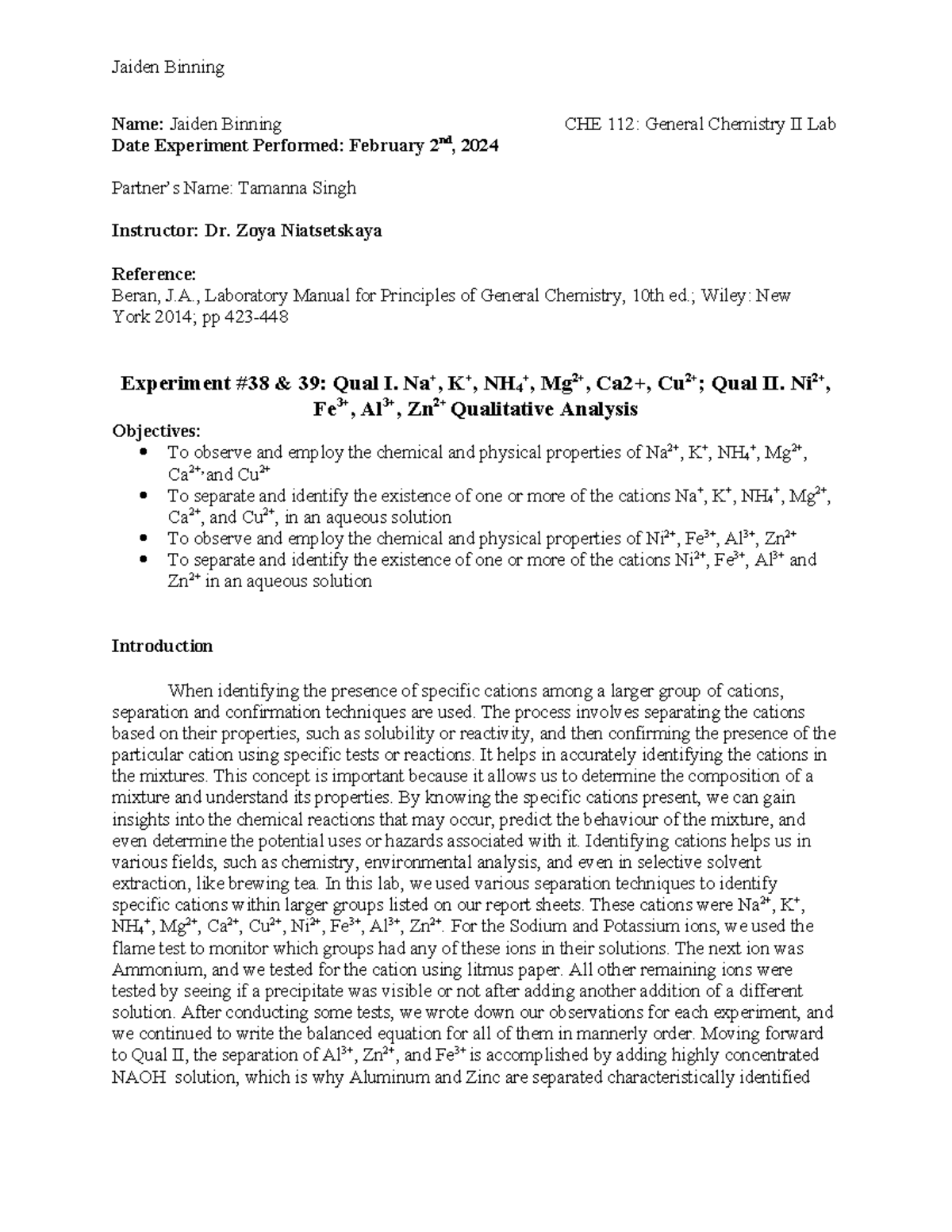 EXP 38 and 39 Lab Report - experiment - Name: Jaiden Binning CHE 112 ...