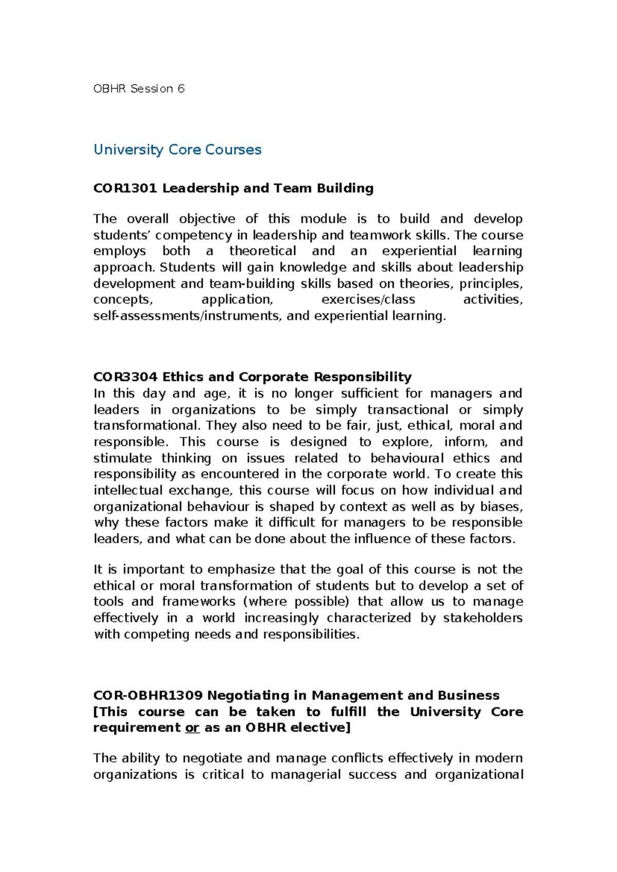 OBHR Session 6 - TEST - OBHR Session 6 University Core Courses COR1301 ...