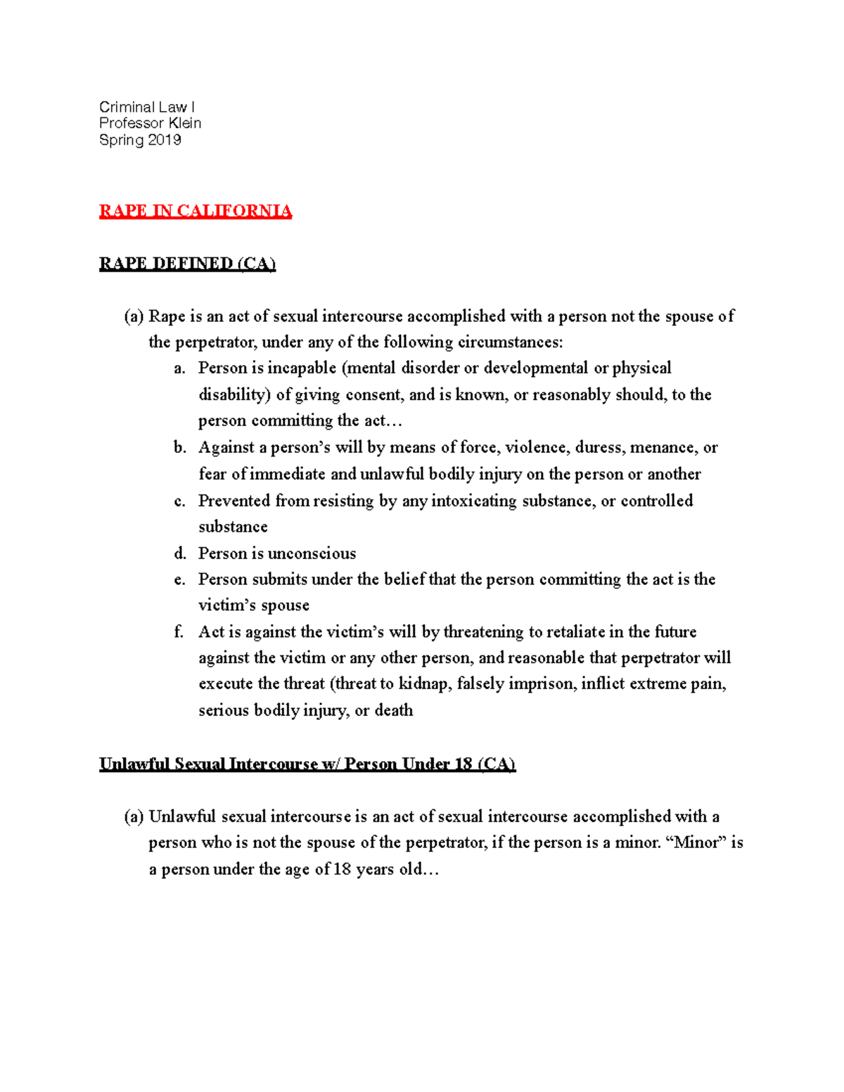 CA law on Rape - Lecture notes 11 - Criminal Law I Professor Klein ...