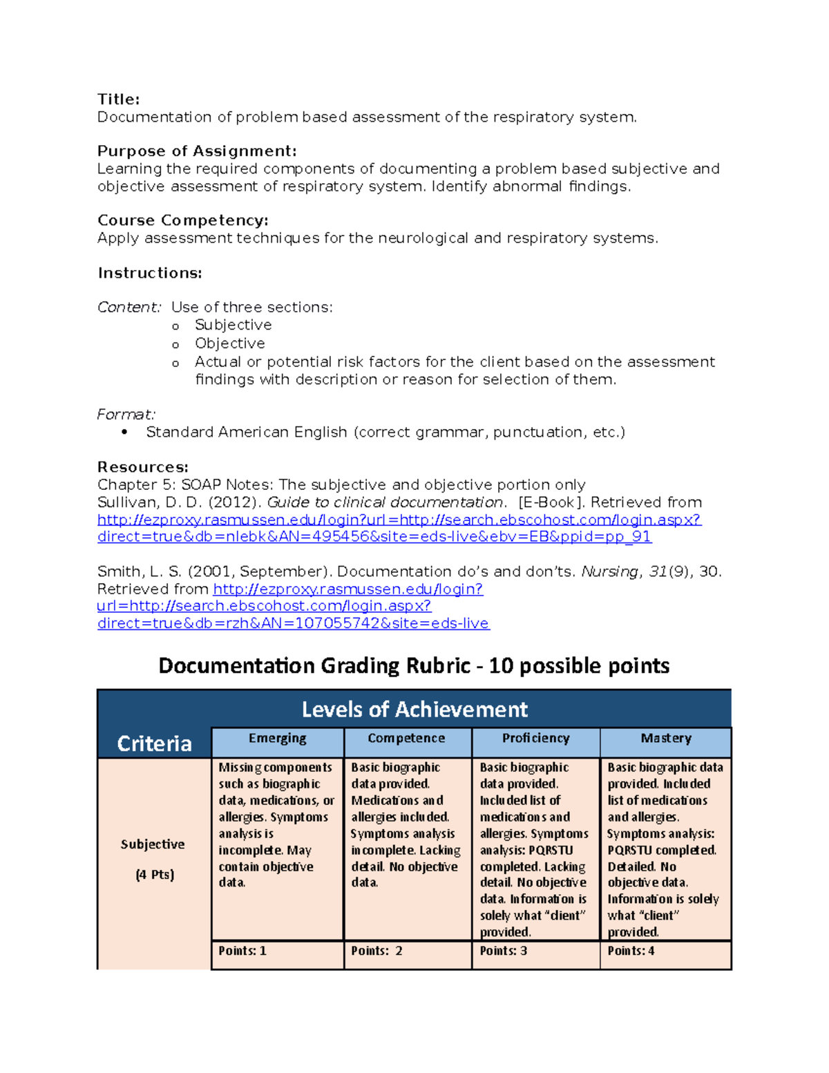 Respiratory System Assignment - Title: Documentation of problem based assessment of the ...