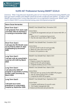 Smart Goals worksheet - NURS 497 Professional Nursing SMART GOALS ...