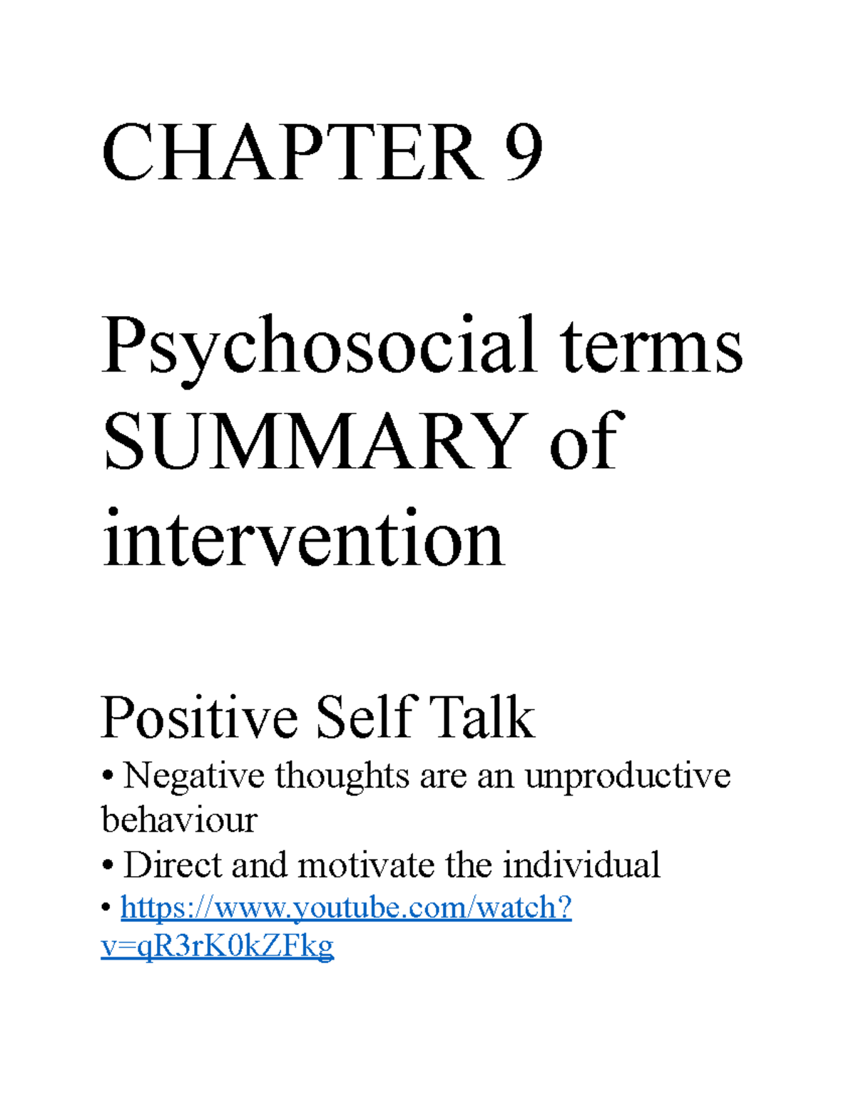 Chapter 9 psychosocial - 05 SUM - CHAPTER 9 Psychosocial terms SUMMARY ...
