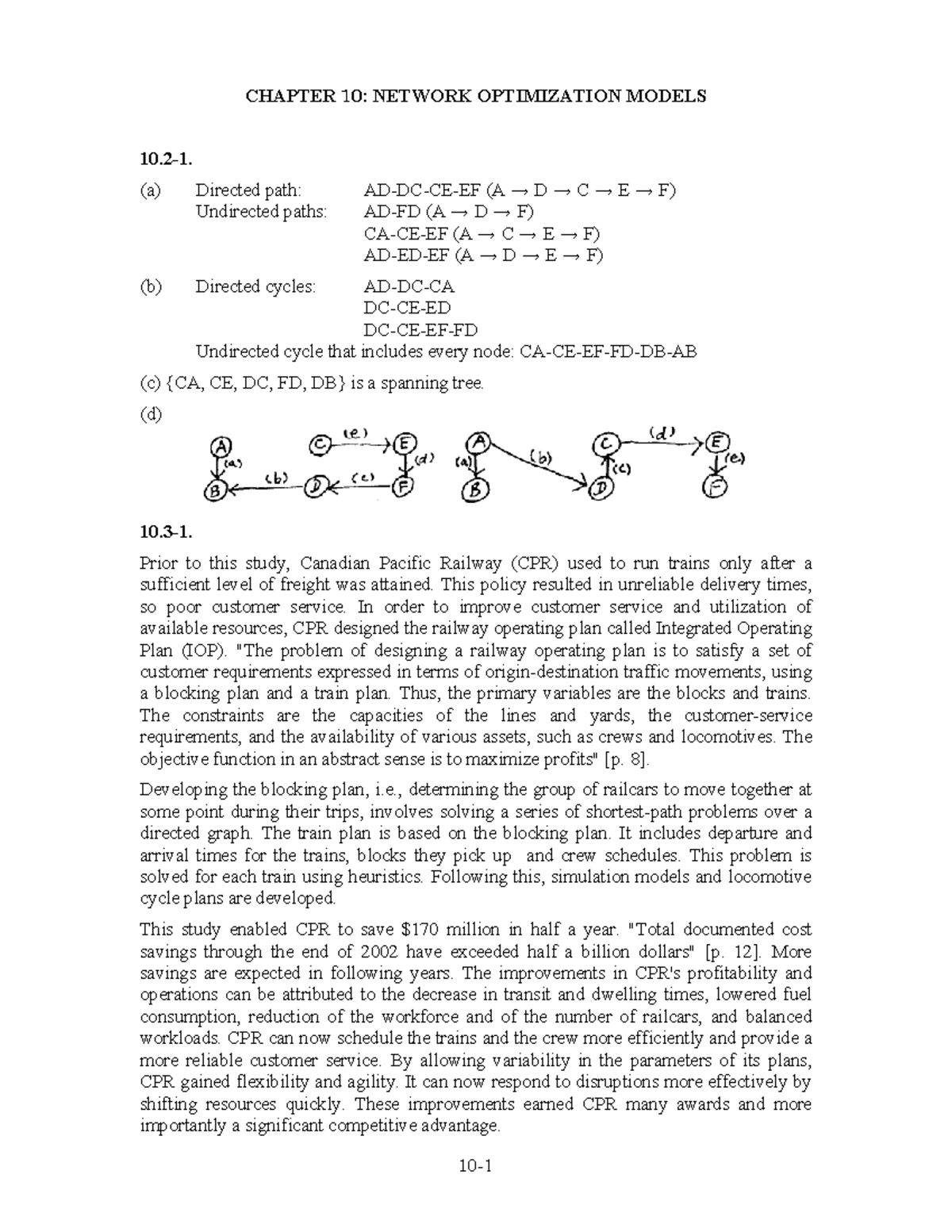 Solutions Ch10 - solution - CHAPTER : NETWORK OPTIMIZATION MODELS 10-1 ...