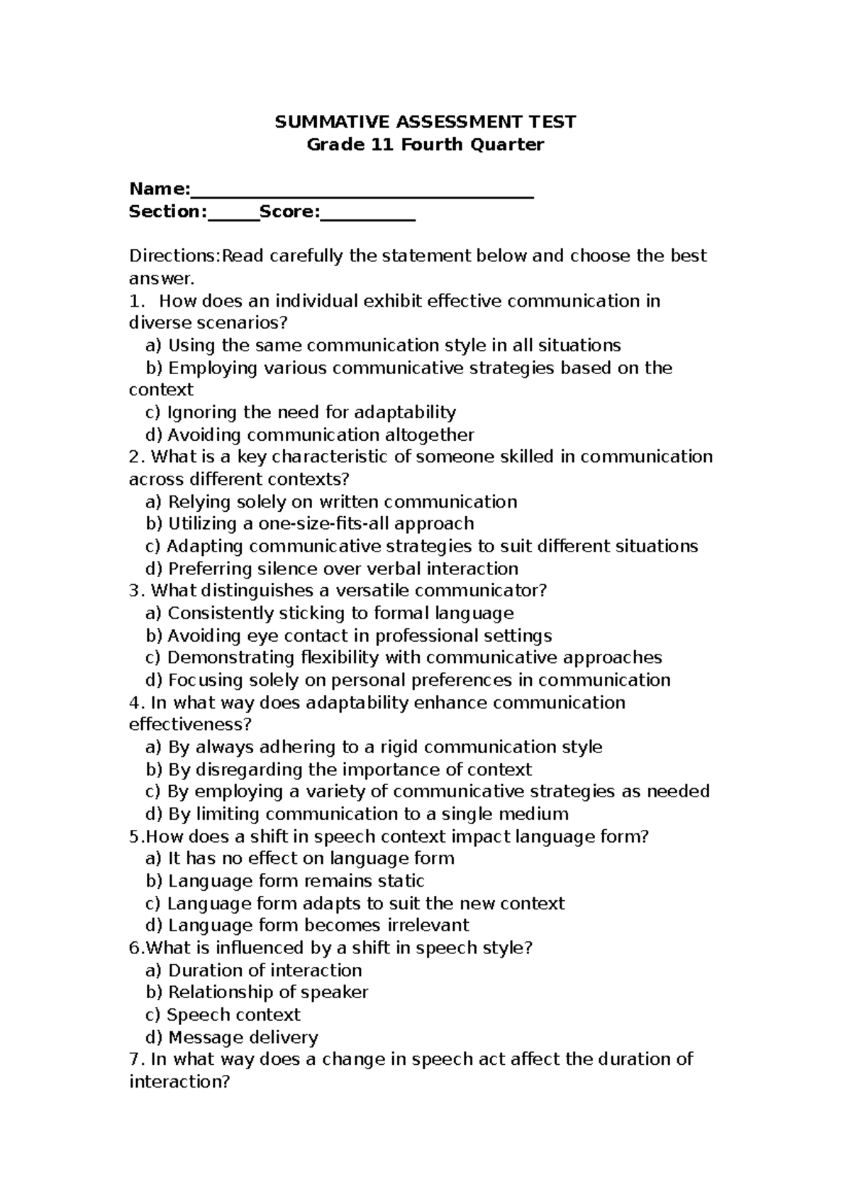 Summ Ass Test - It is a presentation and other materials in studying ...