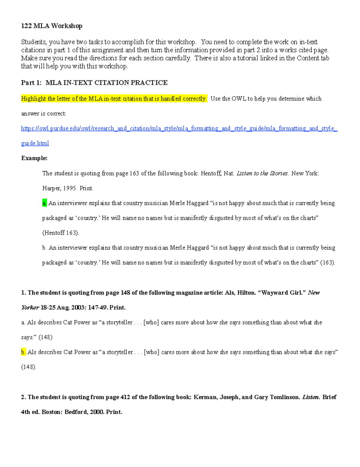 ENG 122 MLA Workshop - eng - 122 MLA Workshop Students, you have two tasks to accomplish for ...