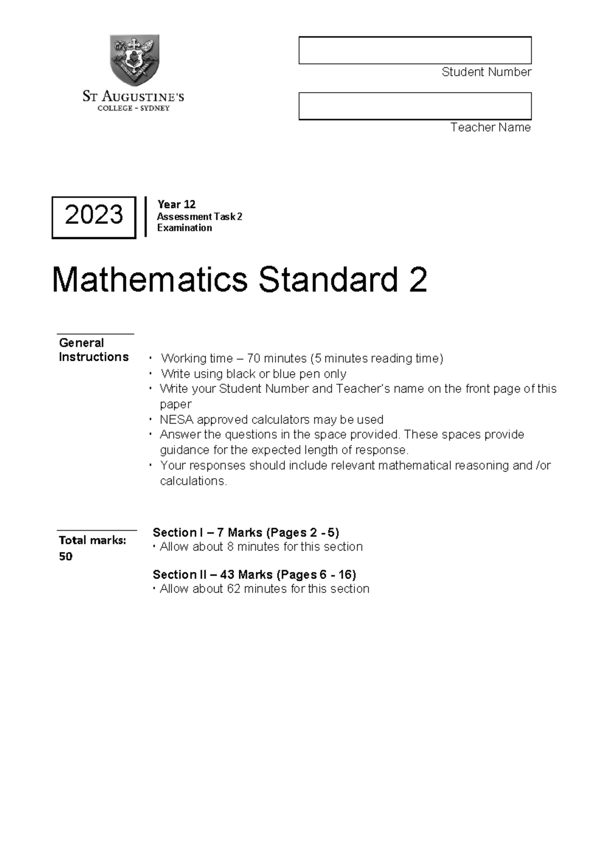 12 Mathematics Standard 2 Task 2 Solutions 2023 (1) - Student Number ...