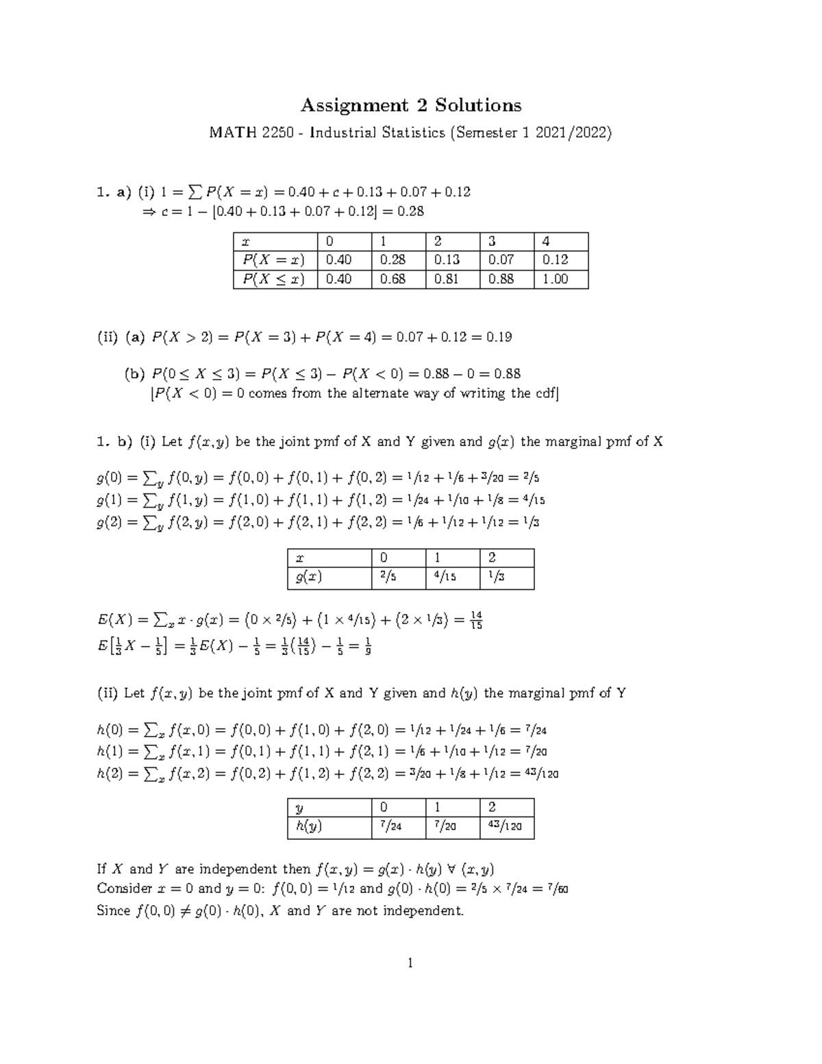 MATH 2250 2021 Assignment 2 Solutions - Assignment 2 Solutions MATH ...