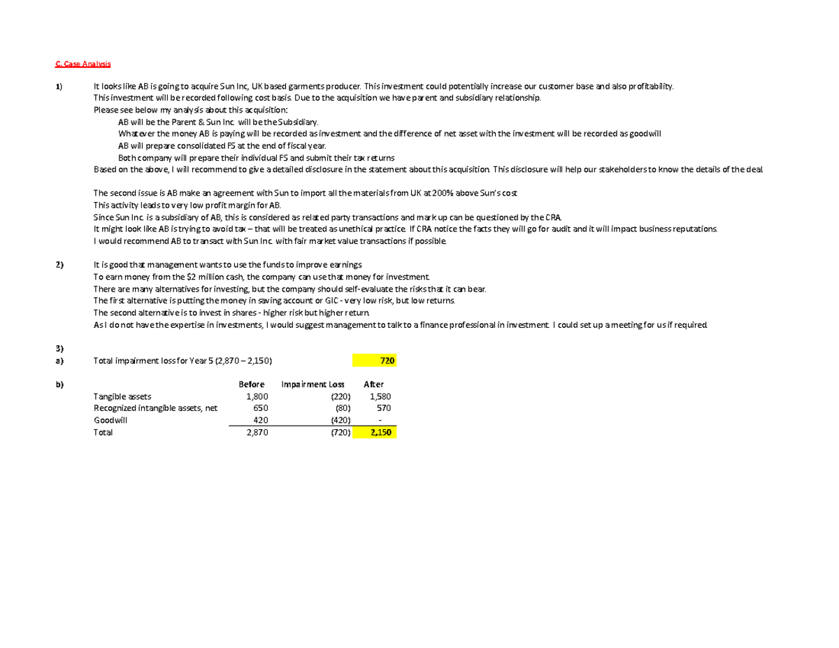 Test 2 Answers - Case Study Questions - Accounting I - C. Case Analysis ...